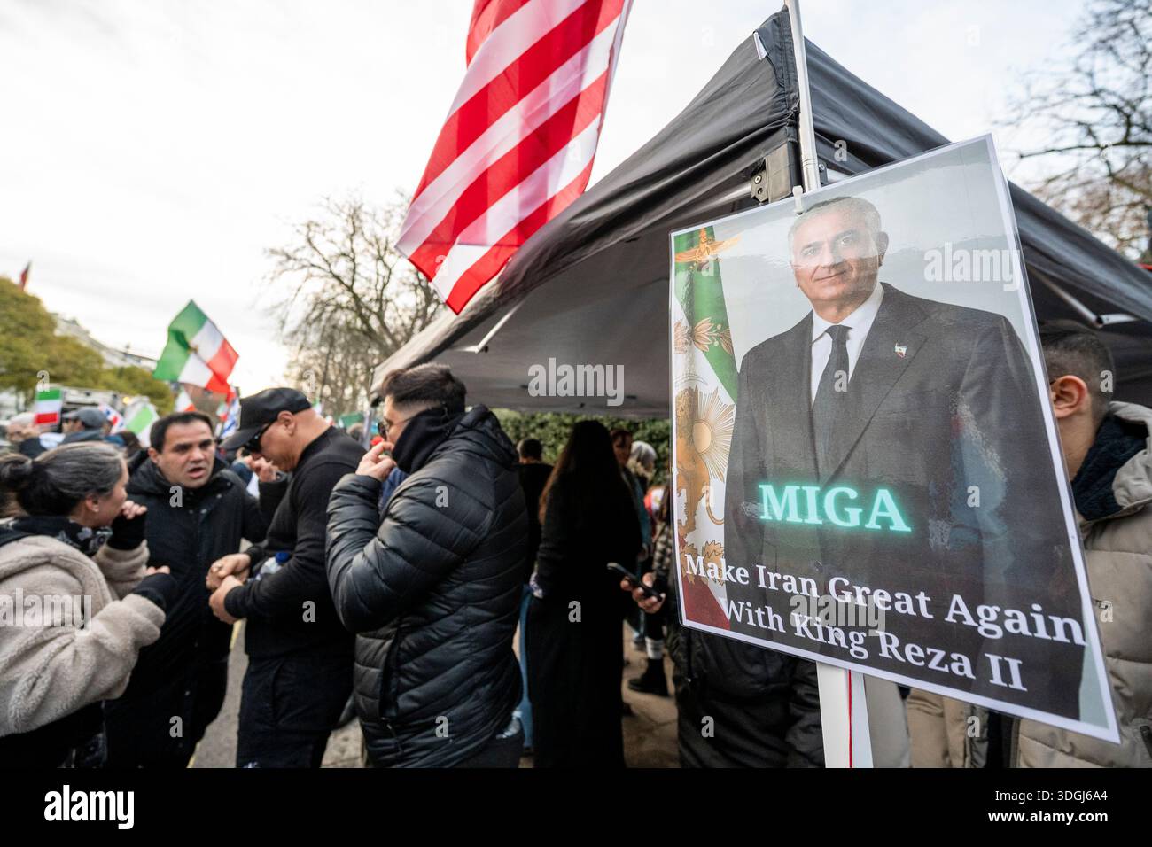 London, UK. 17 January 2026. Protesters outside the Iranian Embassy on ...