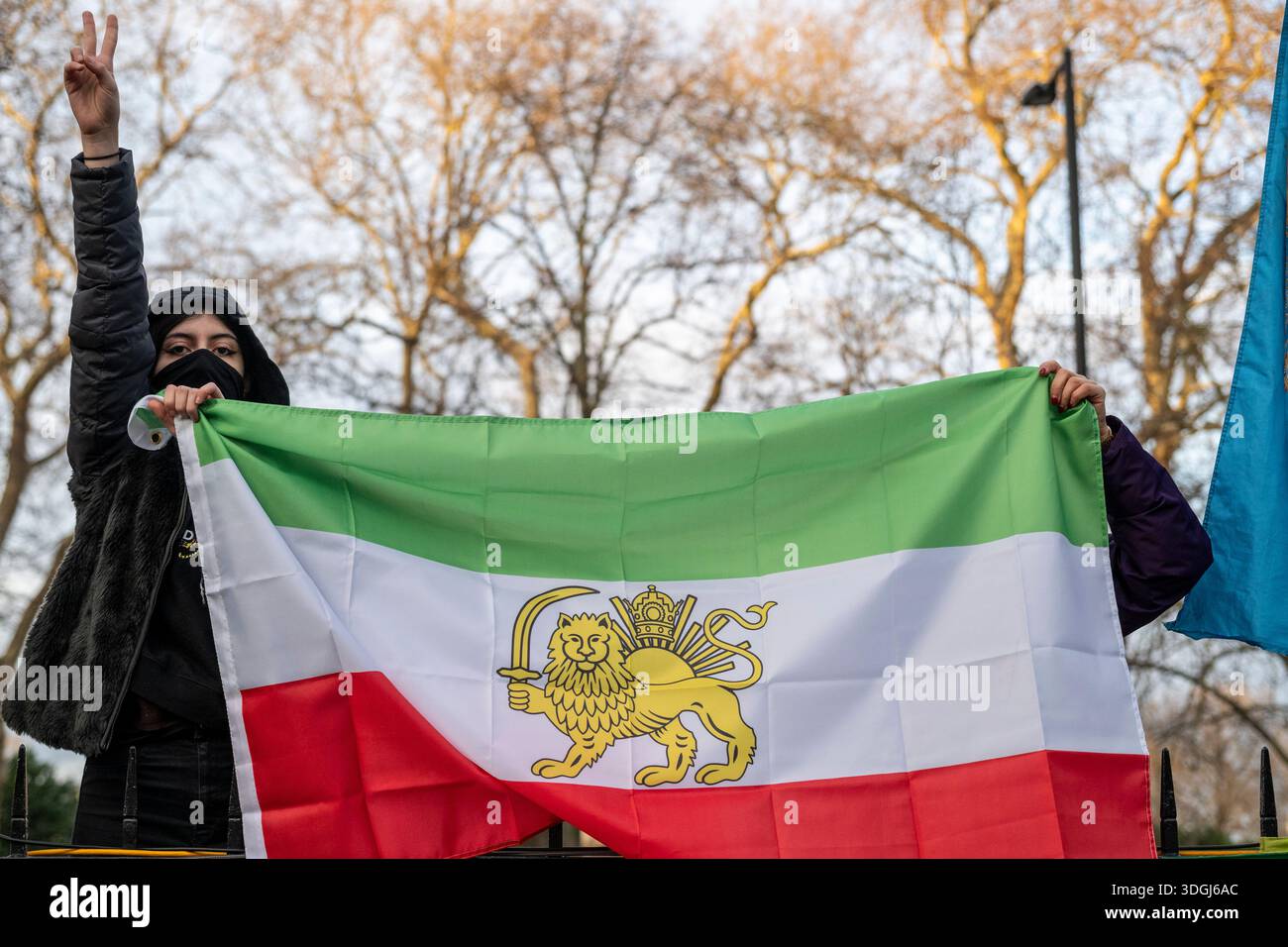 London, UK. 17 January 2026. Protesters outside the Iranian Embassy on ...