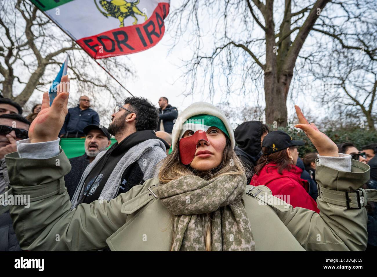London, UK. 17 January 2026. Protesters outside the Iranian Embassy on ...