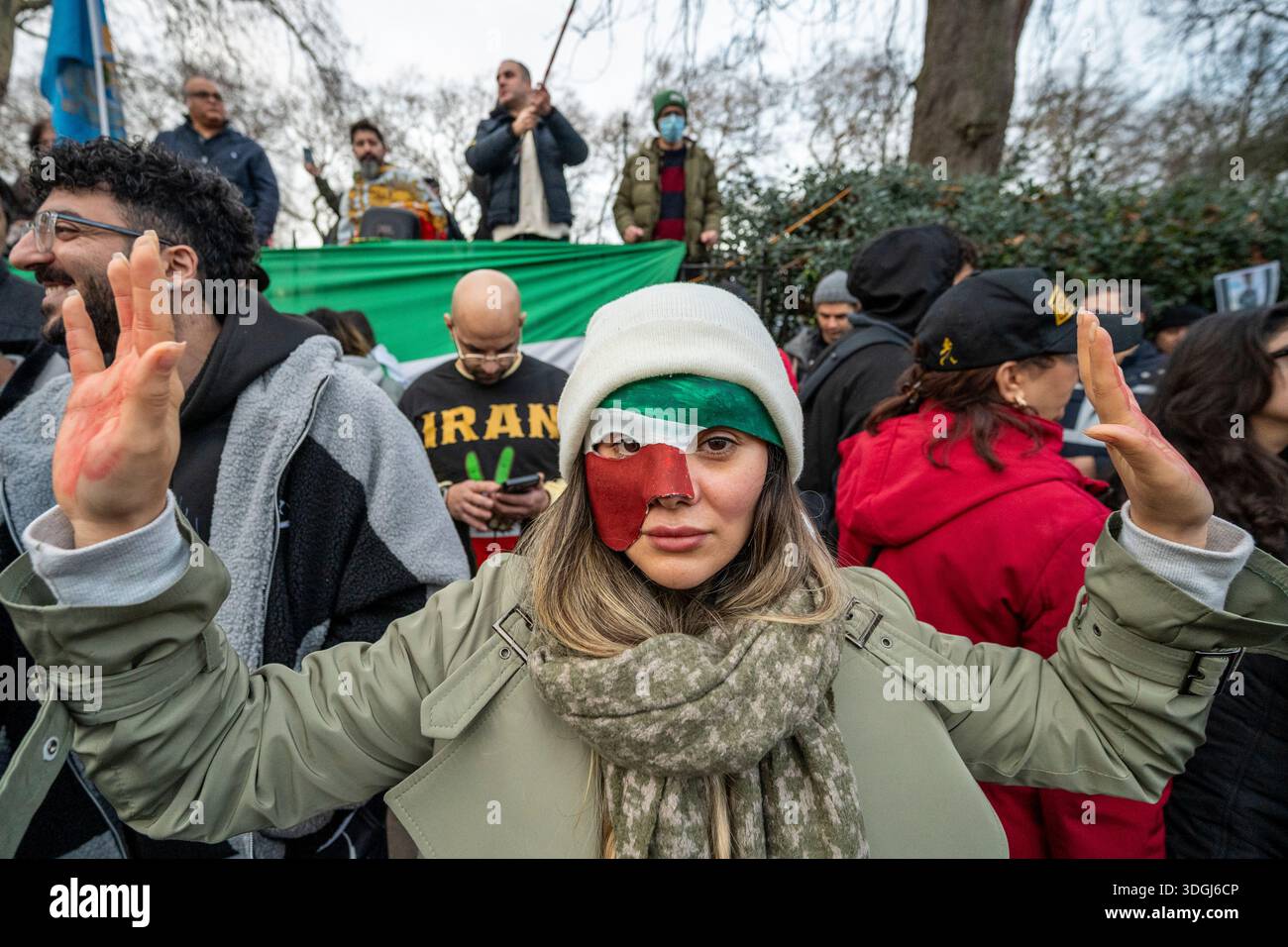 London, UK. 17 January 2026. Protesters outside the Iranian Embassy on ...