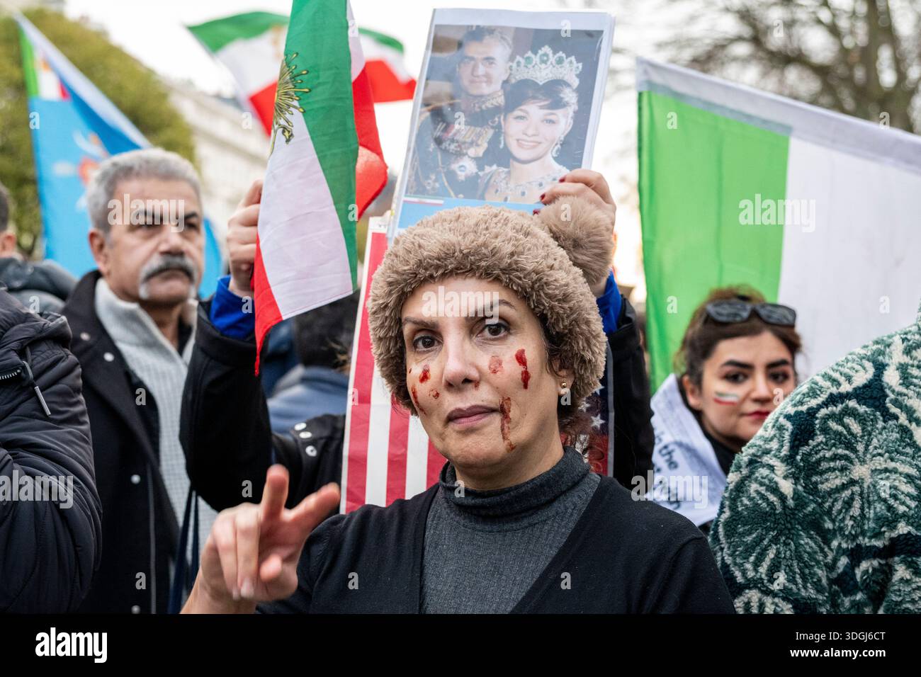London, UK. 17 January 2026. Protesters outside the Iranian Embassy on ...