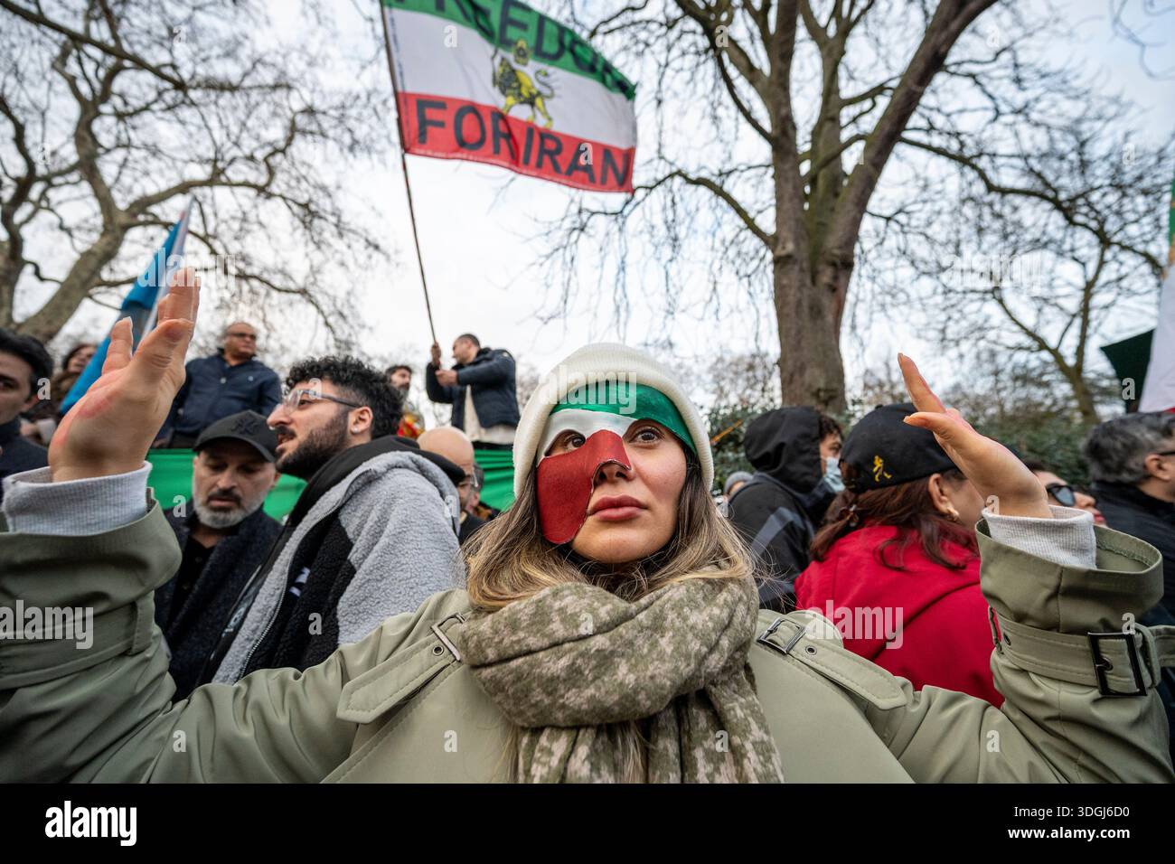 London, UK. 17 January 2026. Protesters outside the Iranian Embassy on ...