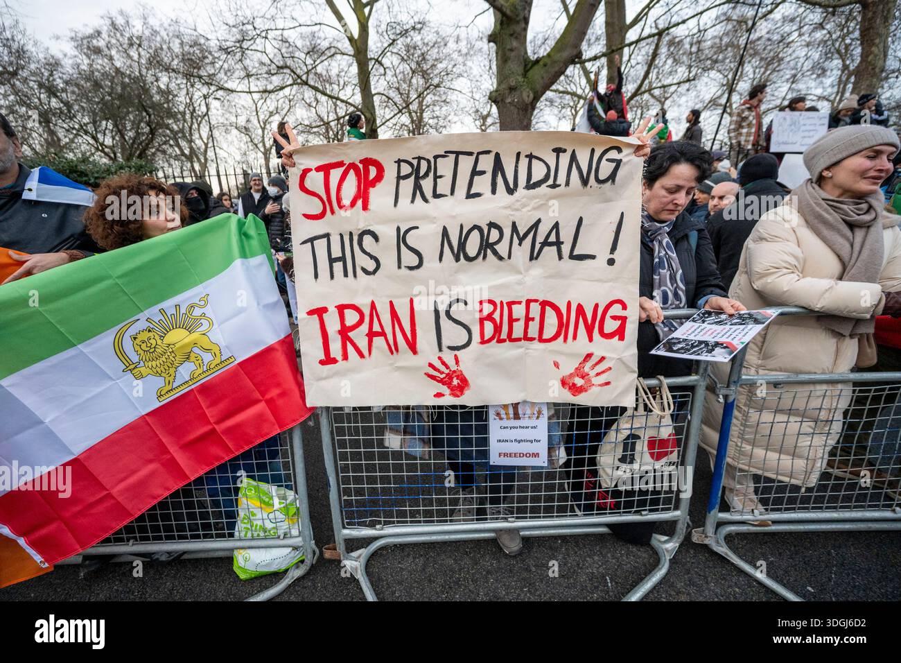 London, UK. 17 January 2026. Protesters outside the Iranian Embassy on ...