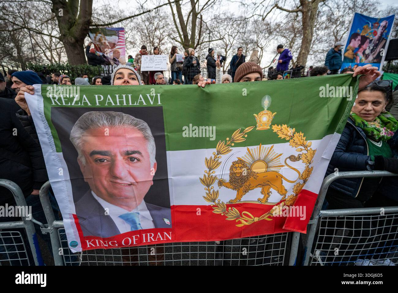 London, UK. 17 January 2026. Protesters outside the Iranian Embassy on ...