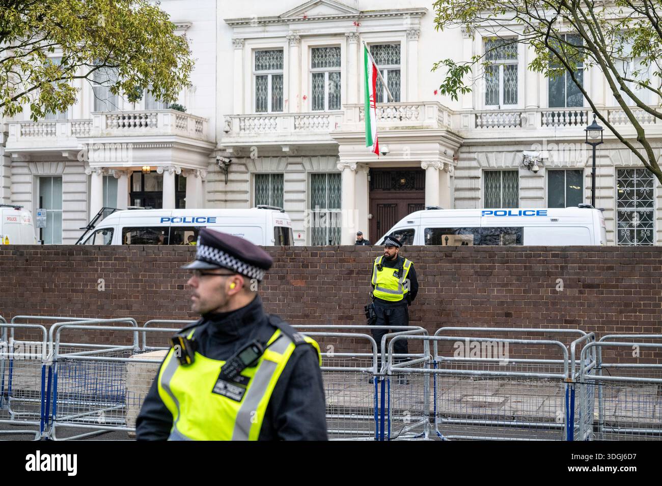 London, UK. 17 January 2026. Police outside the Iranian Embassy on ...