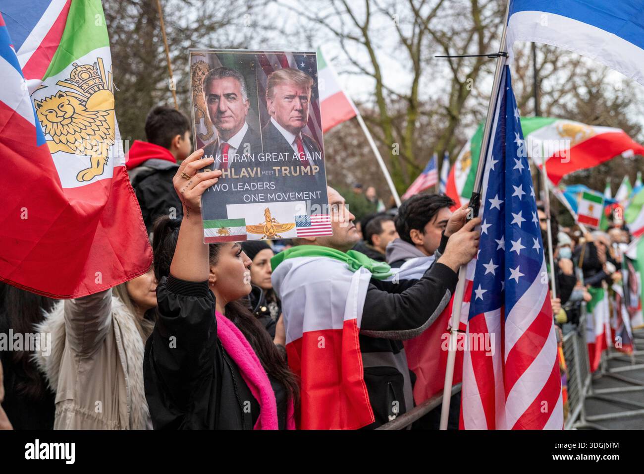 London, UK. 17 January 2026. Protesters outside the Iranian Embassy on ...