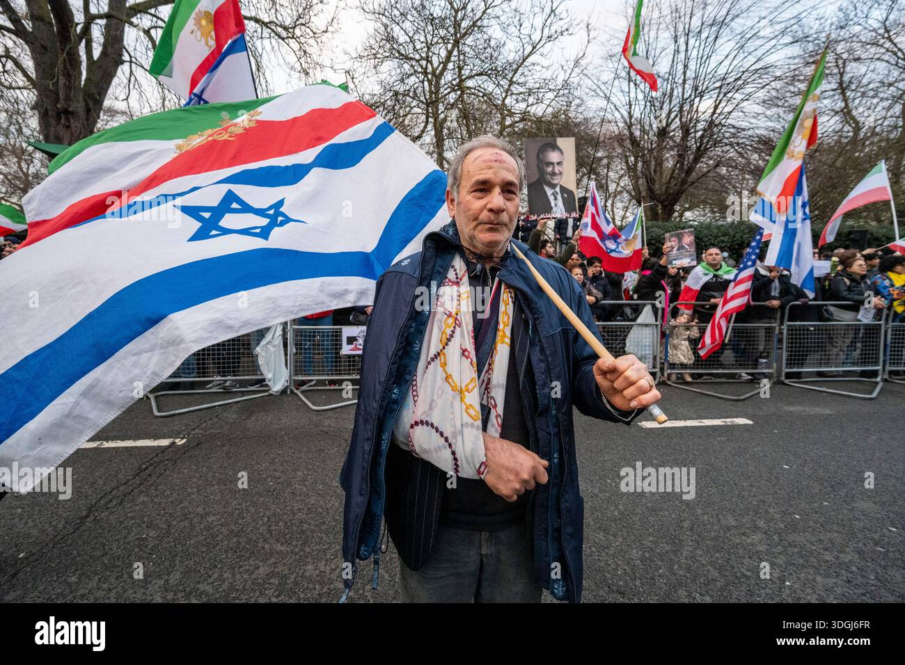 London, UK. 17 January 2026. Protesters outside the Iranian Embassy on ...