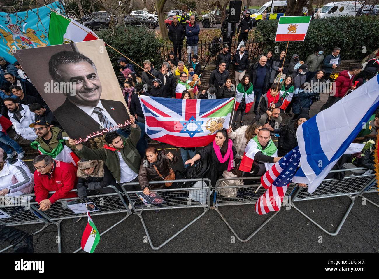 London, UK. 17 January 2026. Protesters outside the Iranian Embassy on ...