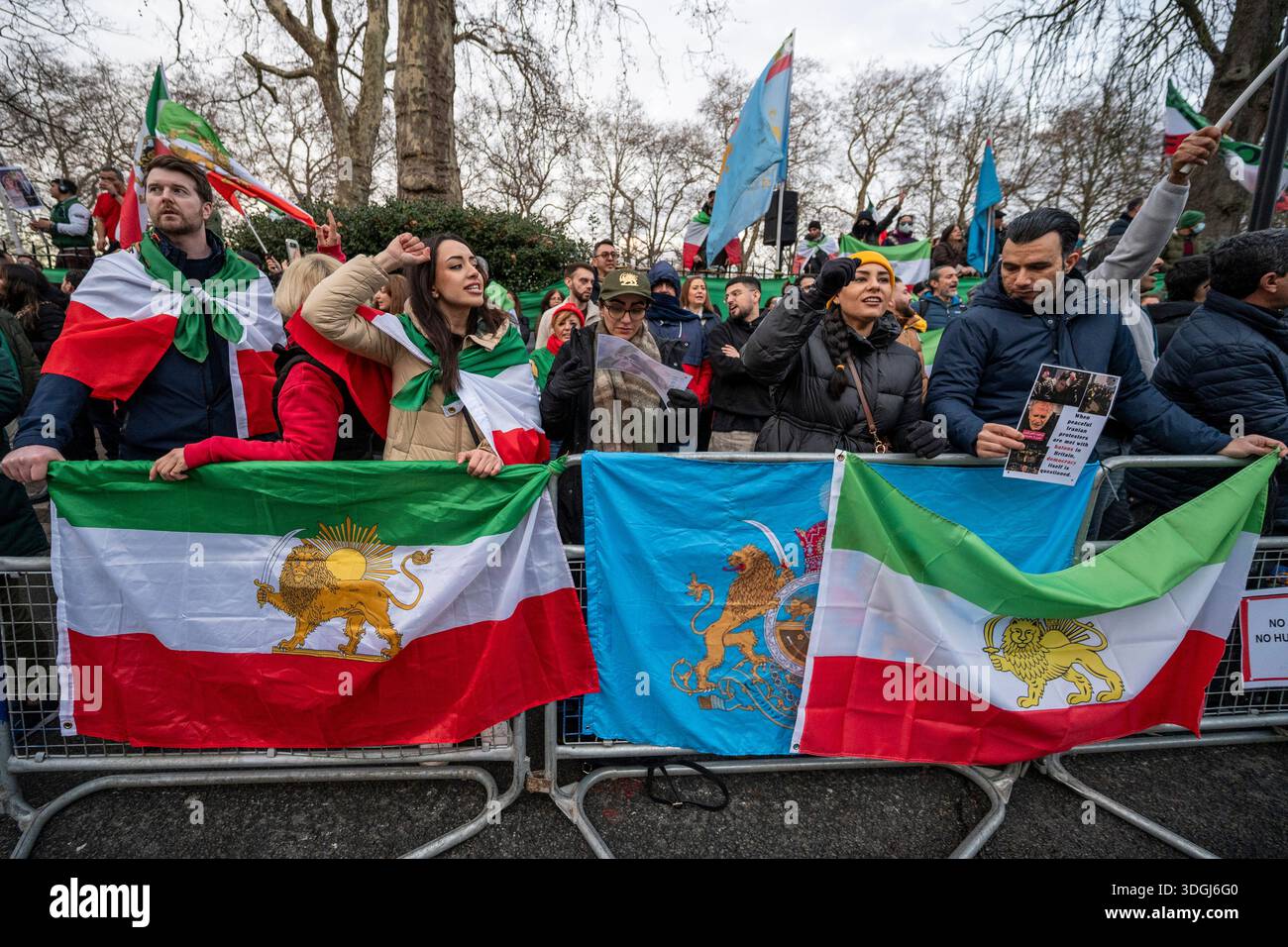 London, UK. 17 January 2026. Protesters outside the Iranian Embassy on ...