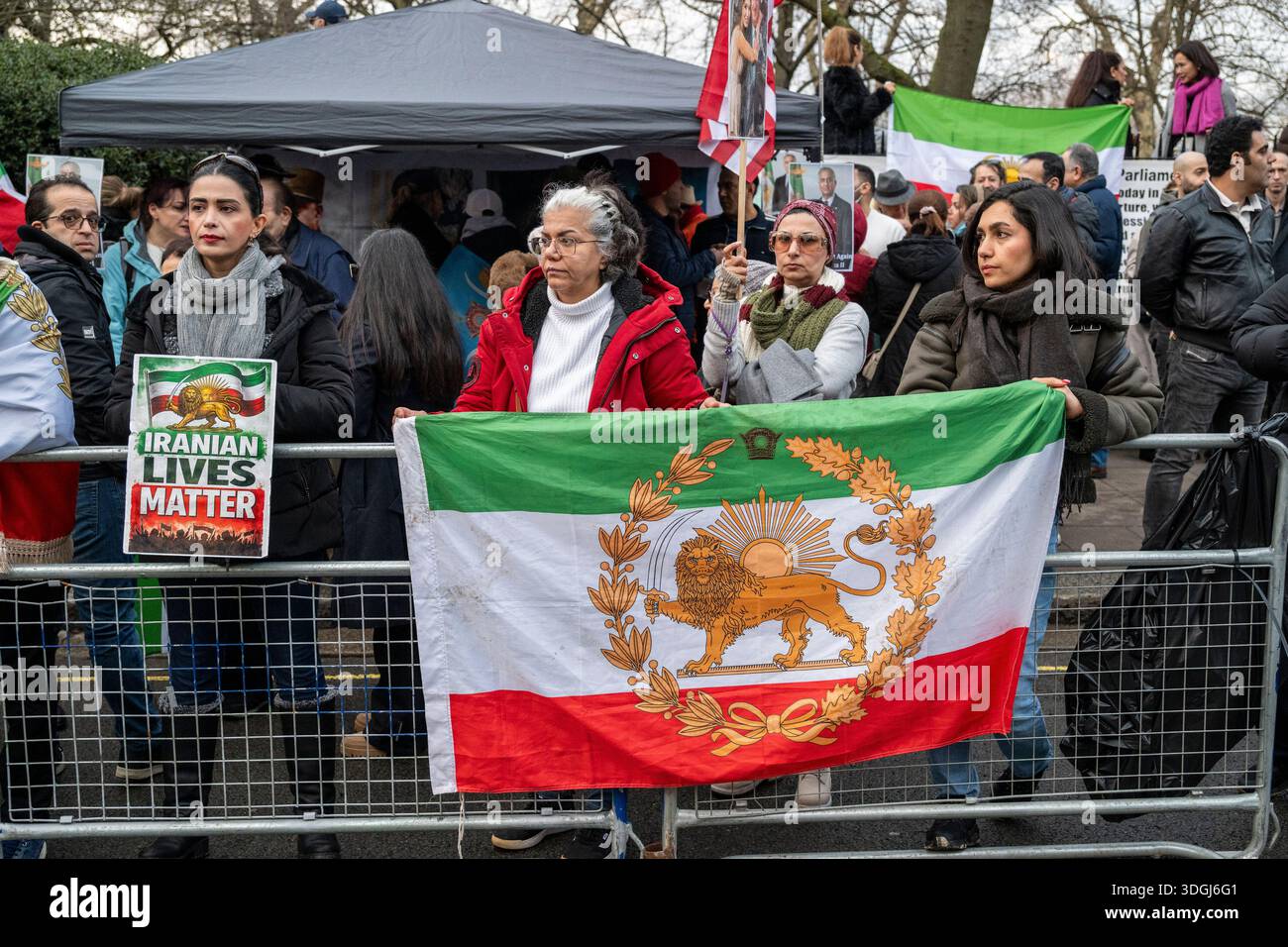 London, UK. 17 January 2026. Protesters outside the Iranian Embassy on ...