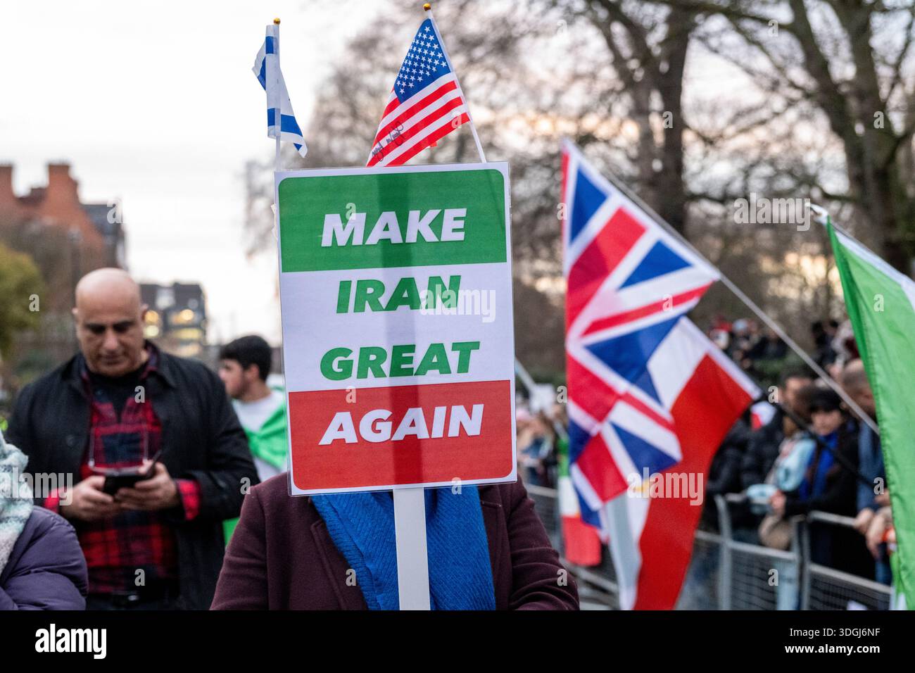 London, UK. 17 January 2026. Protesters outside the Iranian Embassy on ...