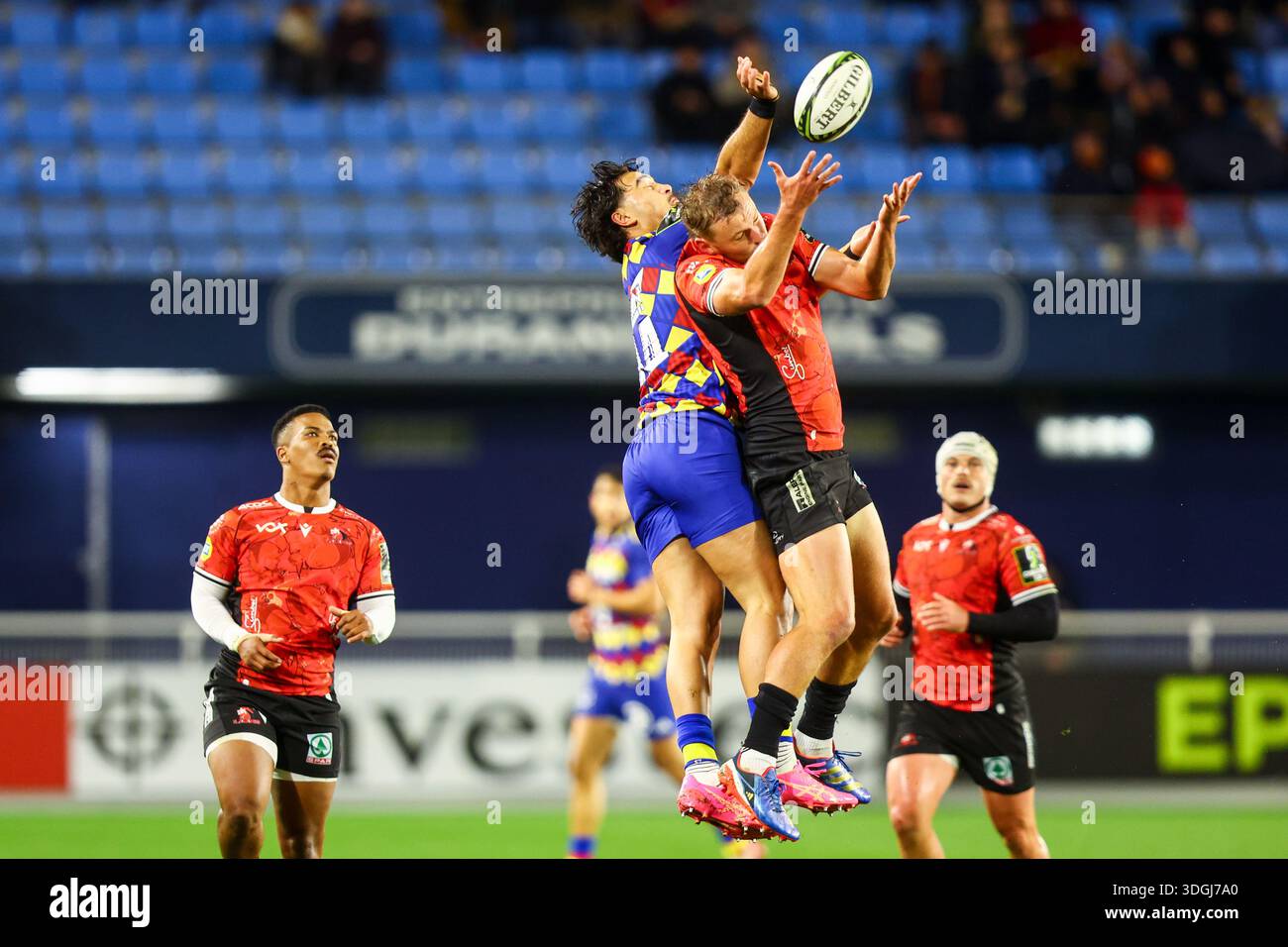 Henco VAN WYK of Lions with Jordan PETAIA of Perpignan during the EPCR ...
