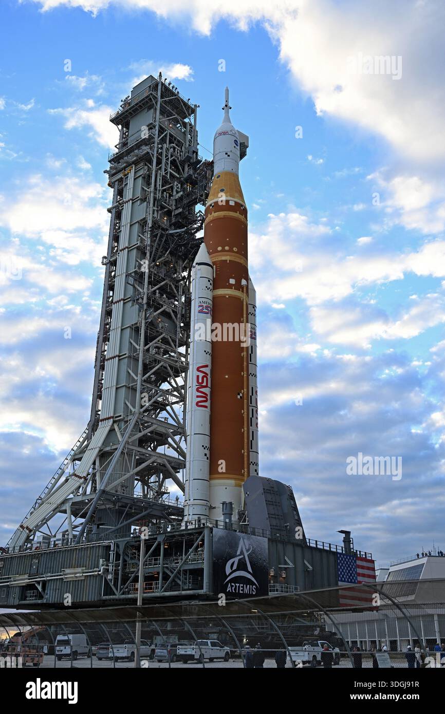 NASA's Space Launch System (SLS) rocket is transported from the Vehicle ...