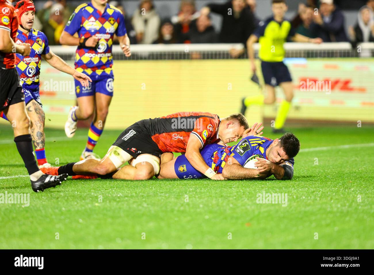 Joaquim OVIEDO of Perpignan scores the first try during the EPCR ...