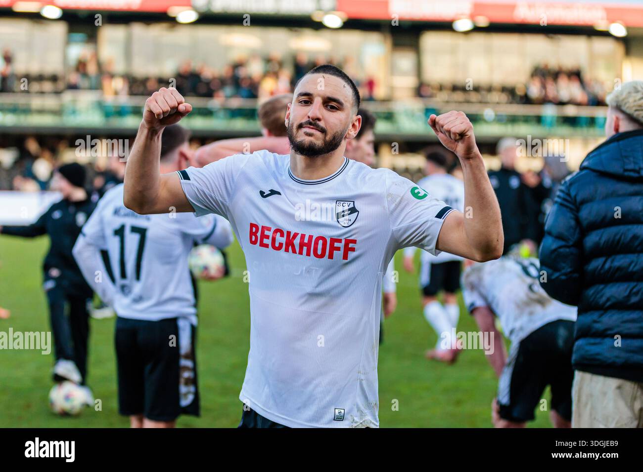 Oualid Mhamdi (SC Verl, #20) celebrates / cheers after 5:2 victory ...