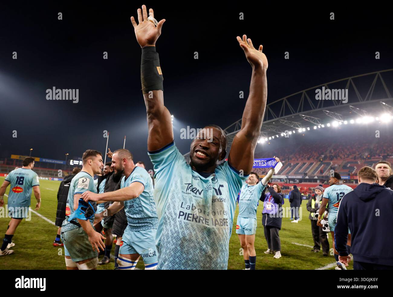 Castres' Christian Ambadiang celebrates at the final whistle after the ...