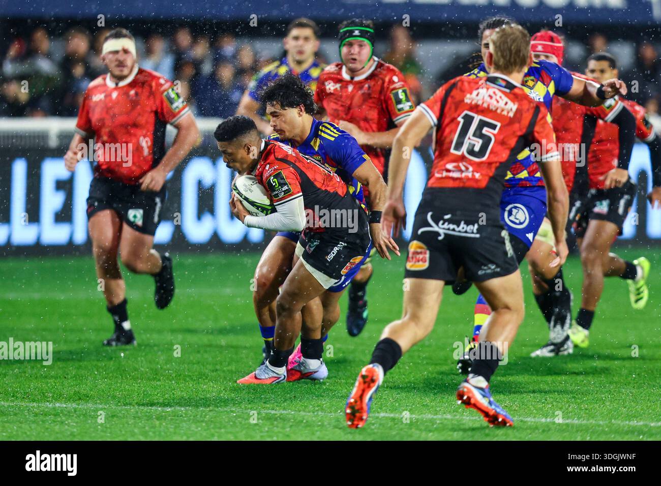 Hasseim PEAD of Lions and Jordan PETAIA of Perpignan during the EPCR ...