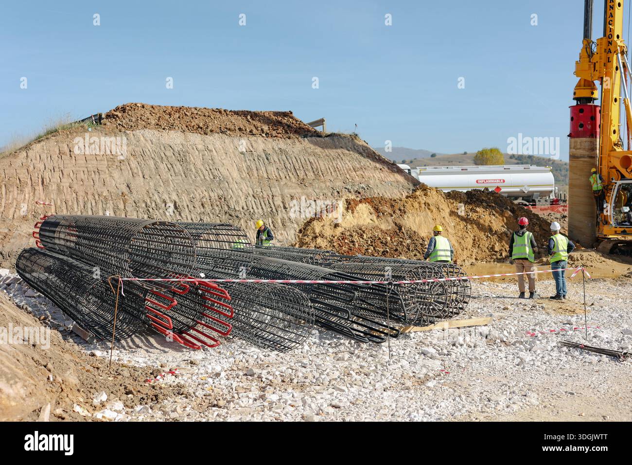 Reinforced steel cages prepared for deep foundation piling at ...