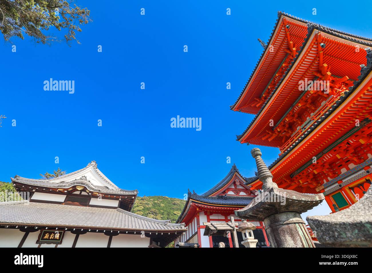 Traditional Japanese Temple Complex with Pagoda Roofs Under Clear Blue ...