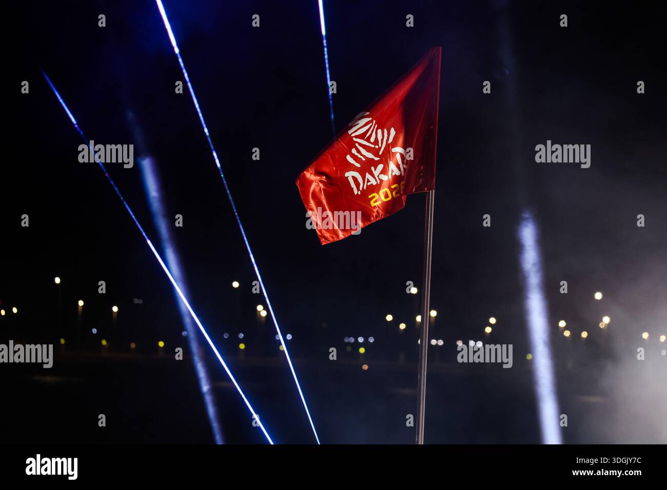 Dakar logo flag during the Prize Giving Ceremony and Finish Podium of ...