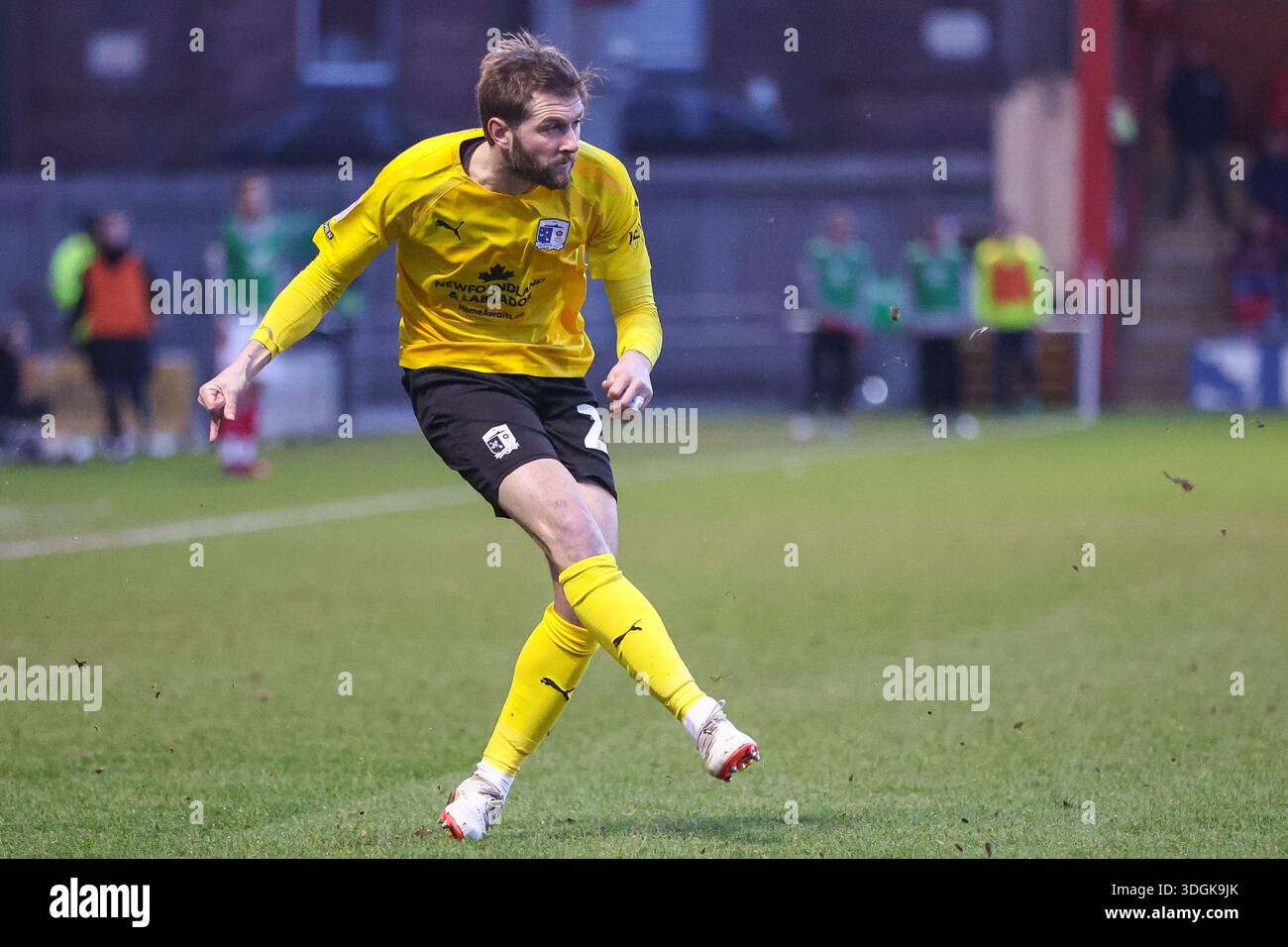Tom Barkhuizen fires the ball to the centre during the Sky Bet League 2 ...