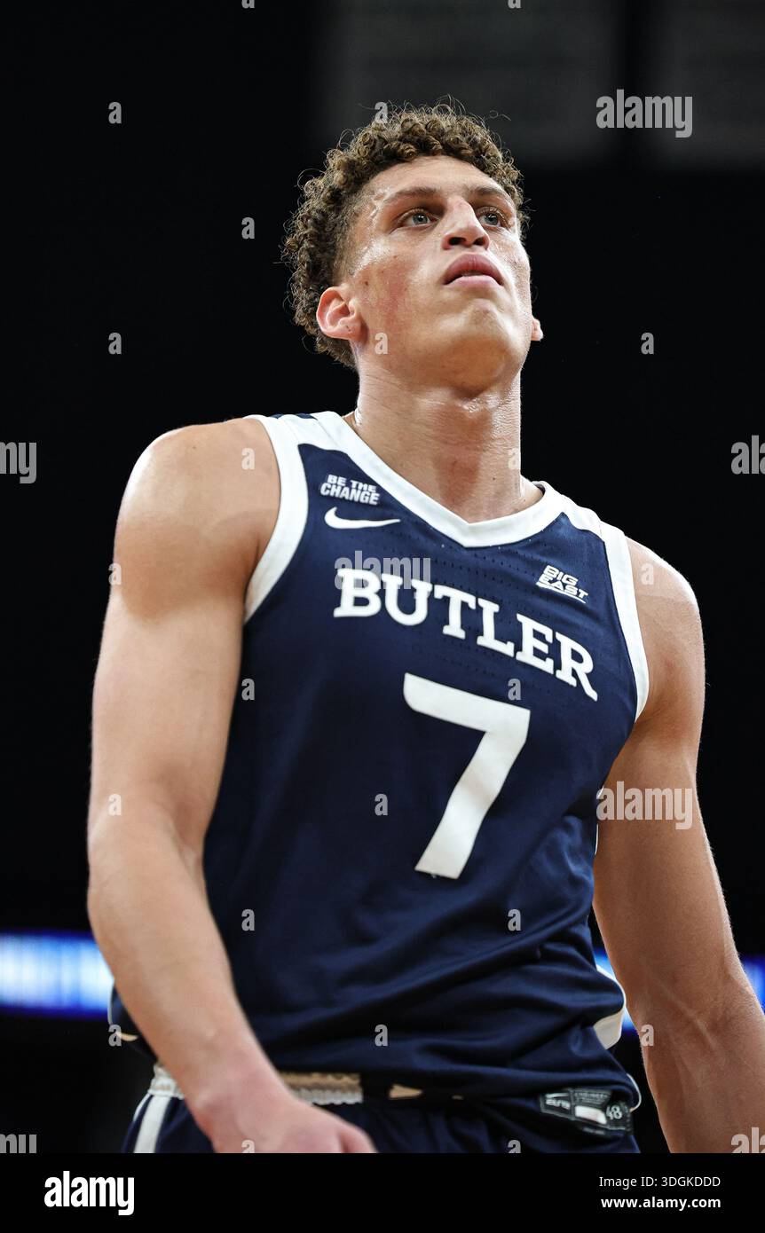 Newark, USA. 17th Jan, 2026. Butler Bulldogs guard Jamie Kaiser Jr. (7 ...