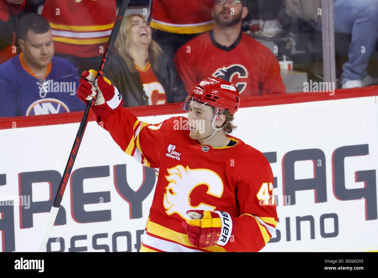 Calgary Flames' Connor Zary celebrates his goal during the second ...