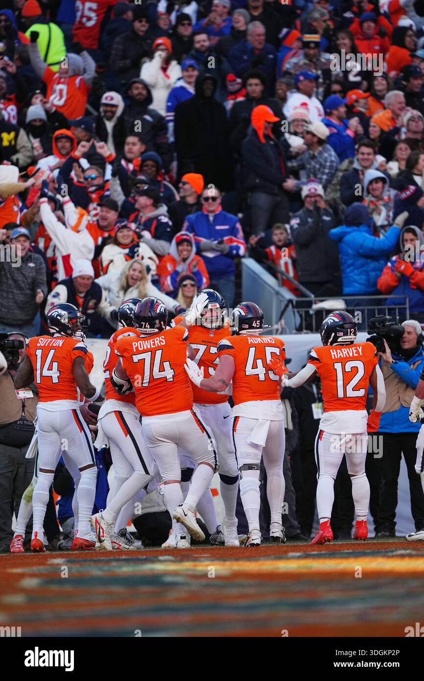 Denver Broncos offensive tackle Frank Crum (73) celebrates a touchdown ...