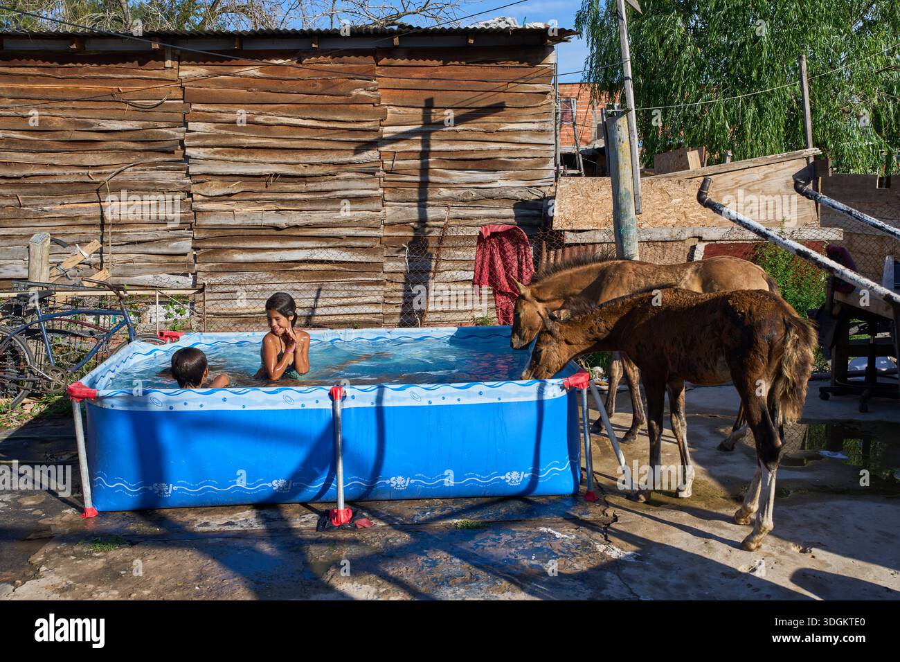 Sofia cools off in an inflatable pool with her brothers while their ...
