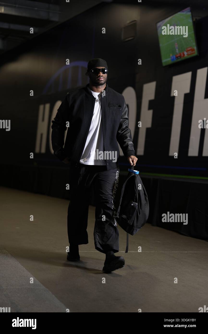 Seattle Seahawks quarterback Jalen Milroe (6) arrives to the stadium ...