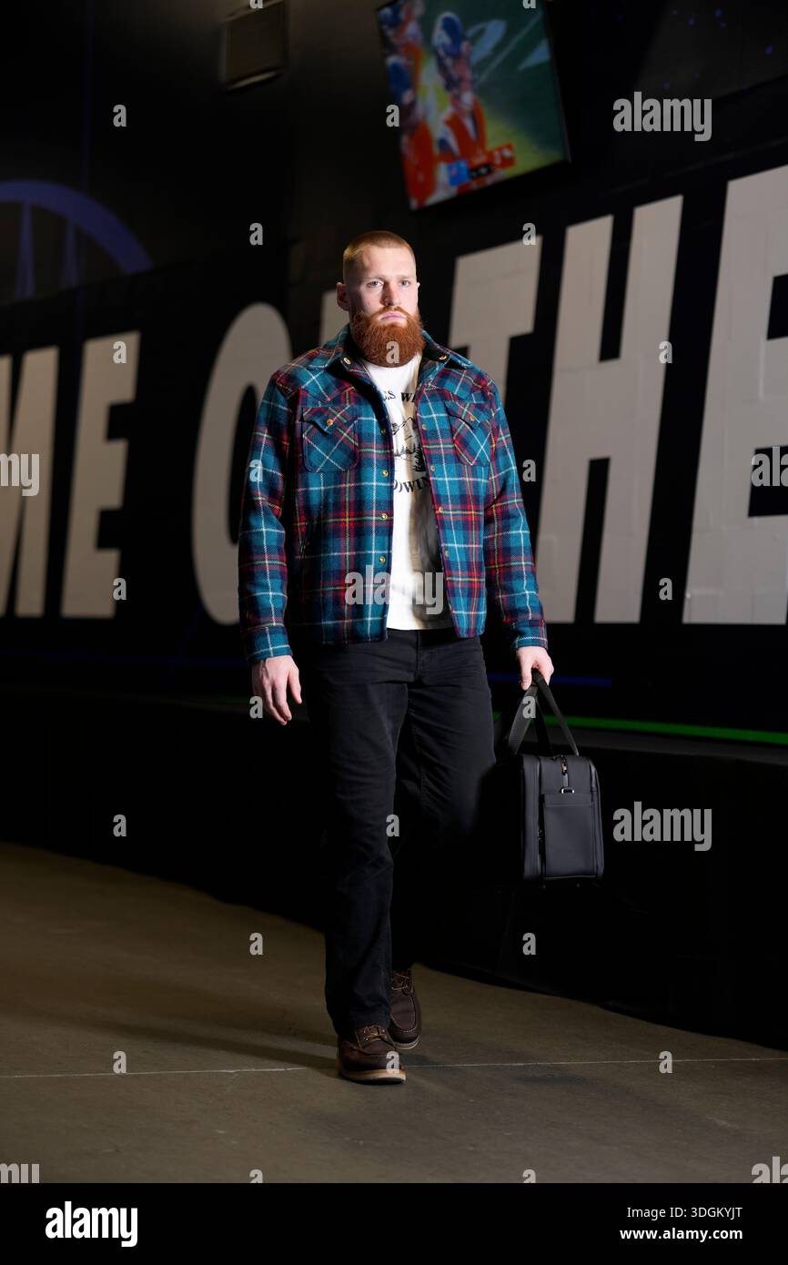 Seattle Seahawks tight end Nick Kallerup (89) arrives to the stadium ...