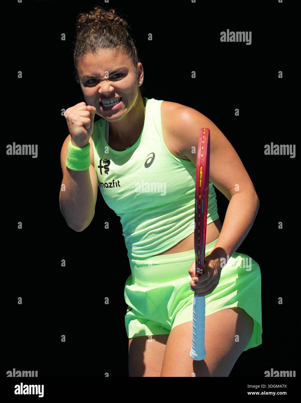 Jasmine Paolini of Italy reacts during her first round match against ...