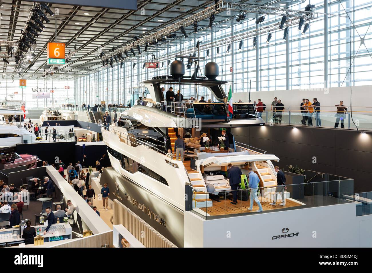 General views of superyachts on display in Hall 6 during boot ...