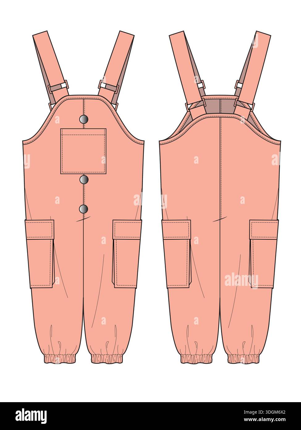 Kids denim overalls front and back view flat sketch vector mockup ...