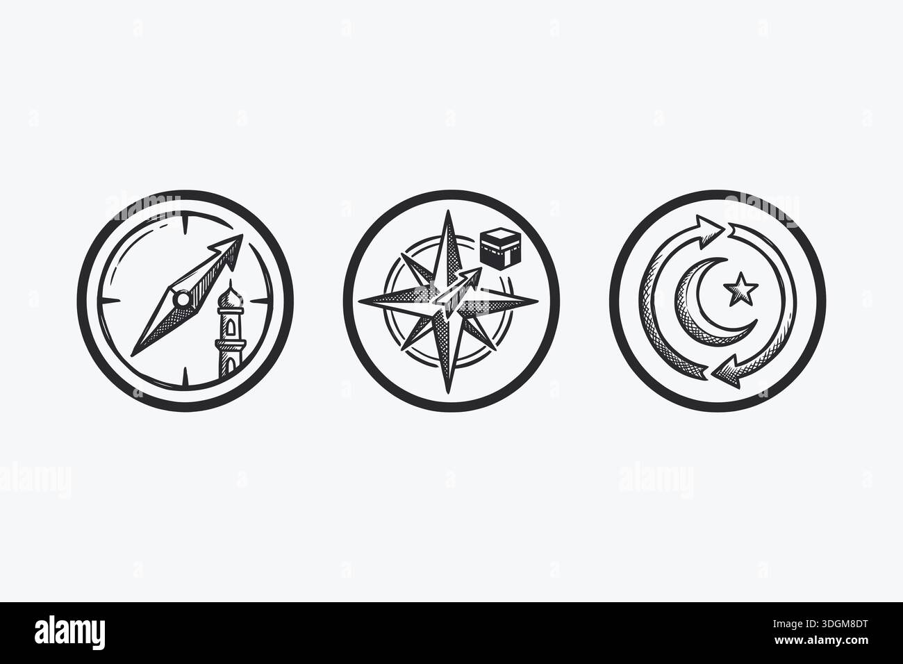 Engraved Sketch Vector Icons for Islamic Qibla Direction, Kaaba, and ...