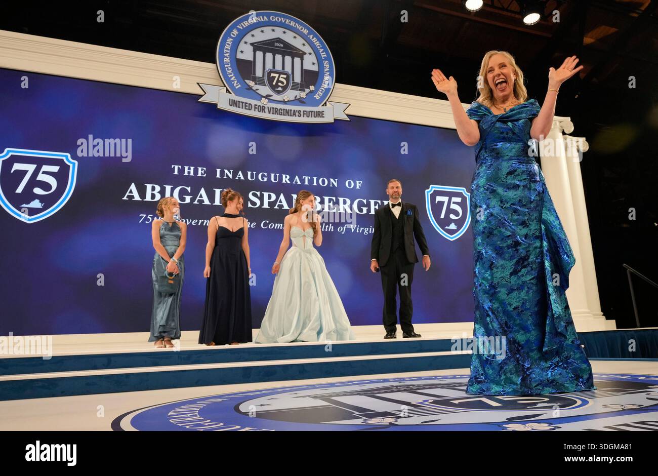 Virginia Gov. Abigail Spanberger arrives on stage at the Inaugural Ball ...