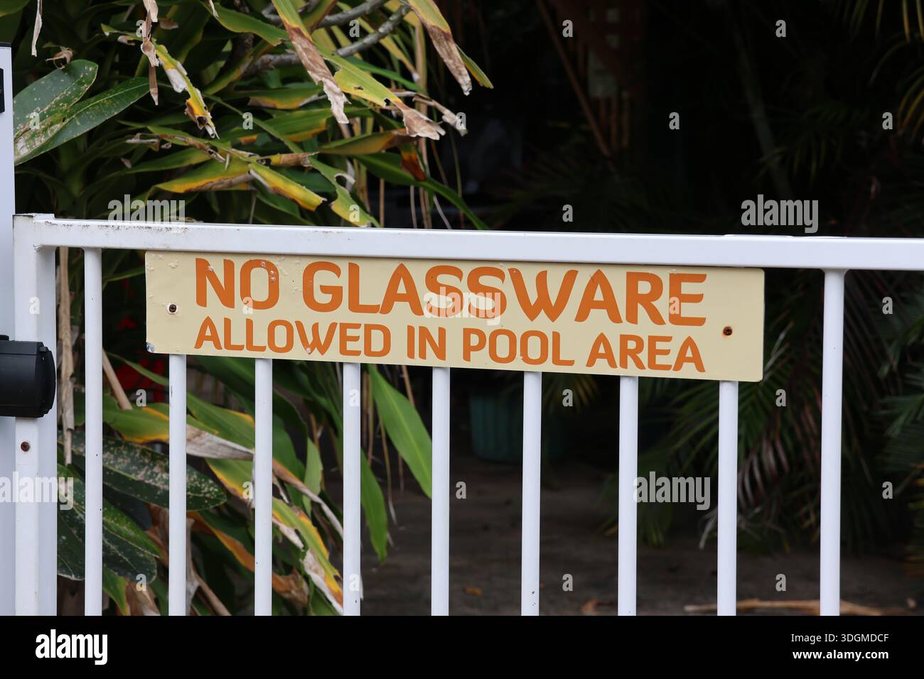 No Glassware Allowed In Pool Area sign attached to a white metal fence ...