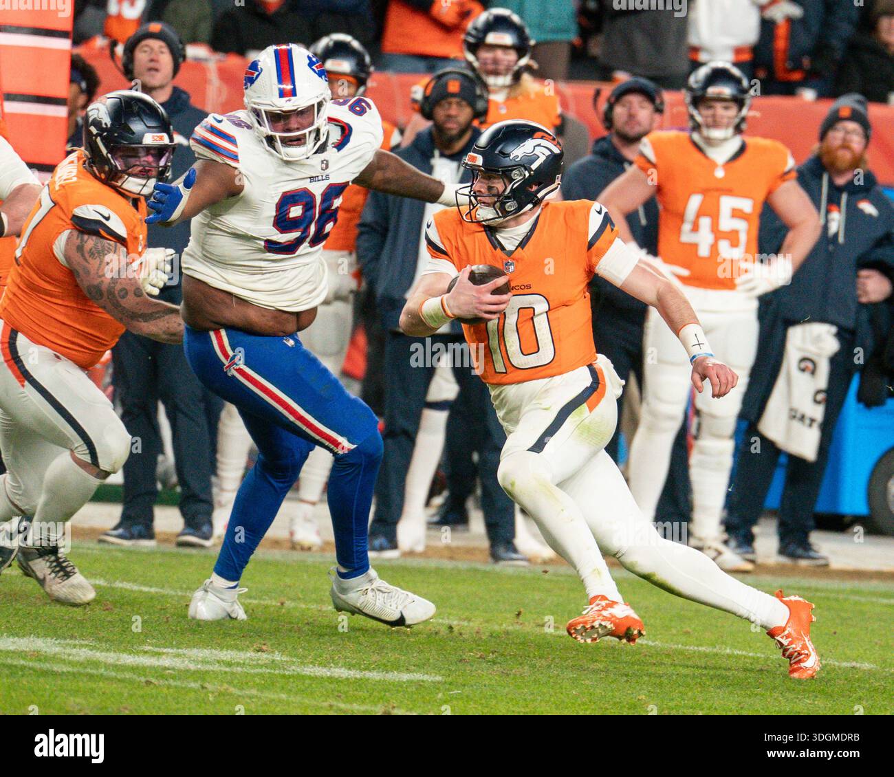January 17, 2026: Denver Broncos quarterback Bo Nix (10) scrambles in ...