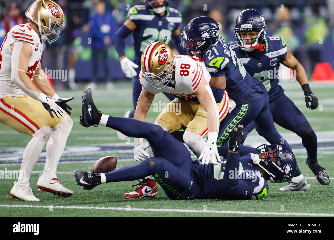 Seattle, United States. 18th Jan, 2026. San Francisco tight end Jake ...