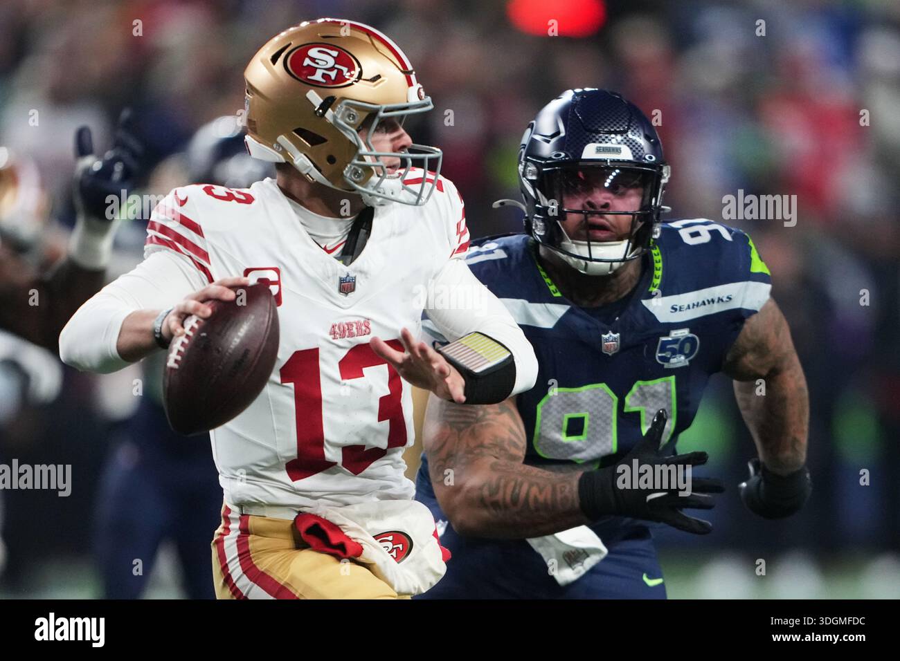 San Francisco 49ers quarterback Brock Purdy (13) looks to throw during ...