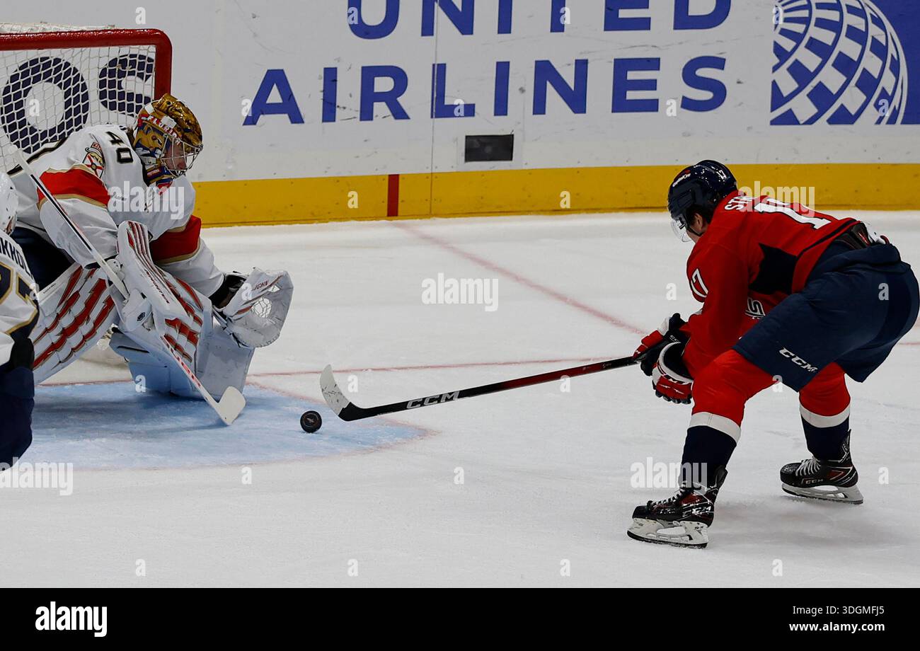 Florida Panthers' goalie Daniil Tarasov saves a shot by Capitals Dylan ...