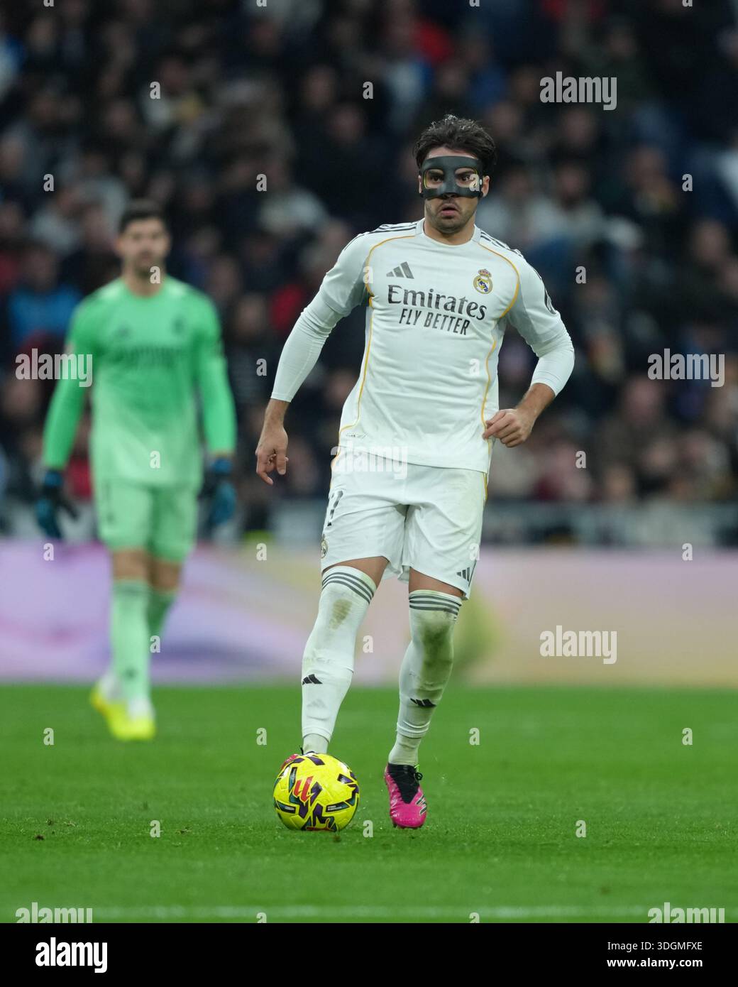Raúl Asencio of Real Madrid CF controls the ball during the LaLiga EA ...