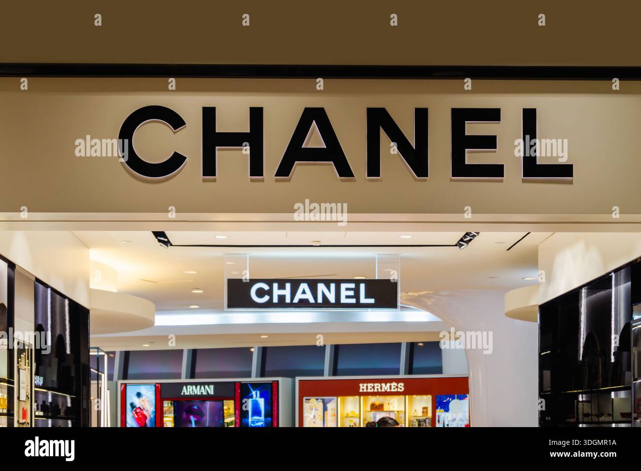Queens, NY - Jan 10, 2026: Selective focus of CHANEL storefront at JFK ...