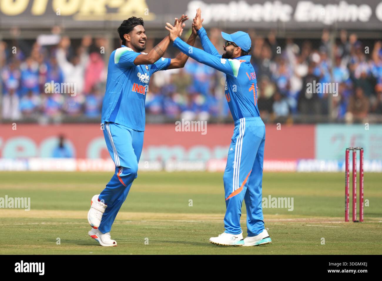 India's Harshit Rana, left, celebrates with teammate Virat Kohli the ...