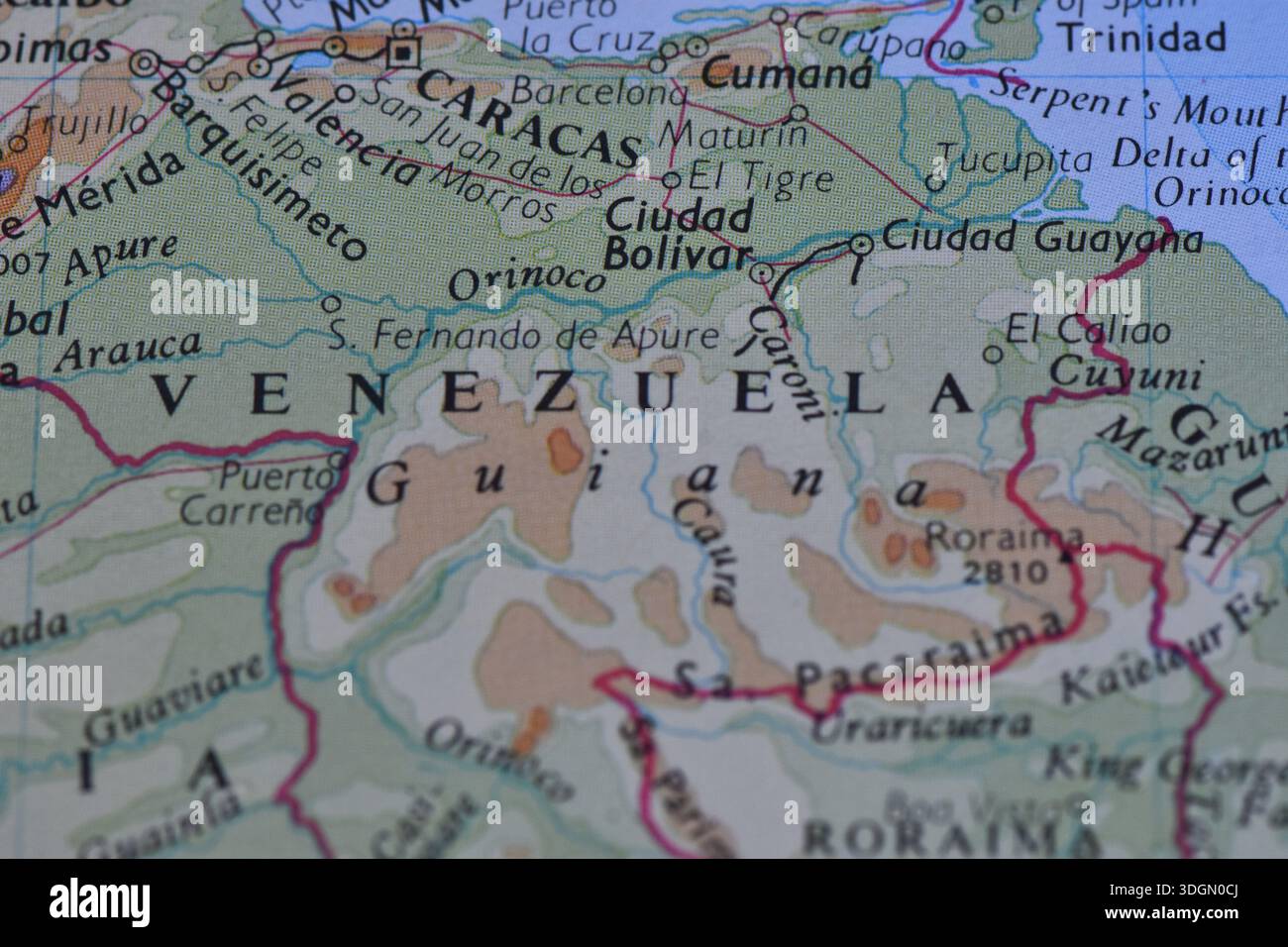 Close-up of a physical world map focusing on Venezuela, South America ...