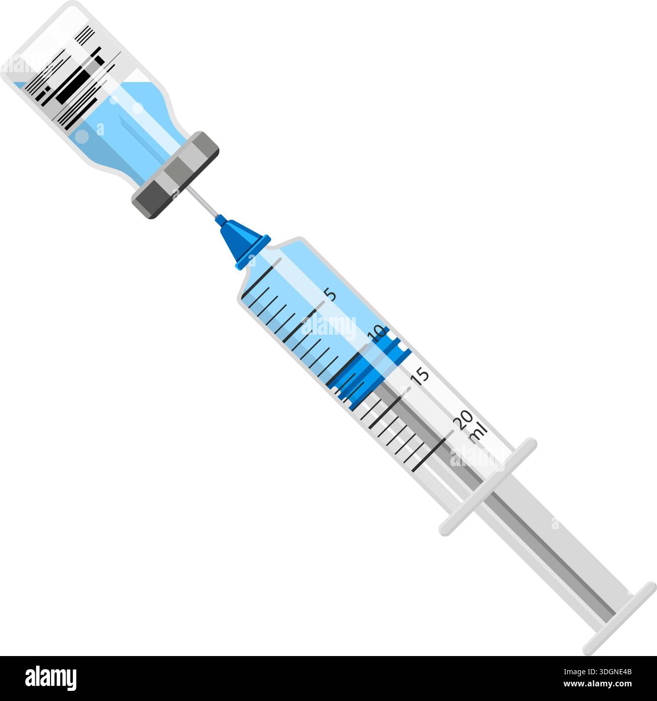 Icon plastic medical syringe with needle, plunger, scale, vial in flat ...
