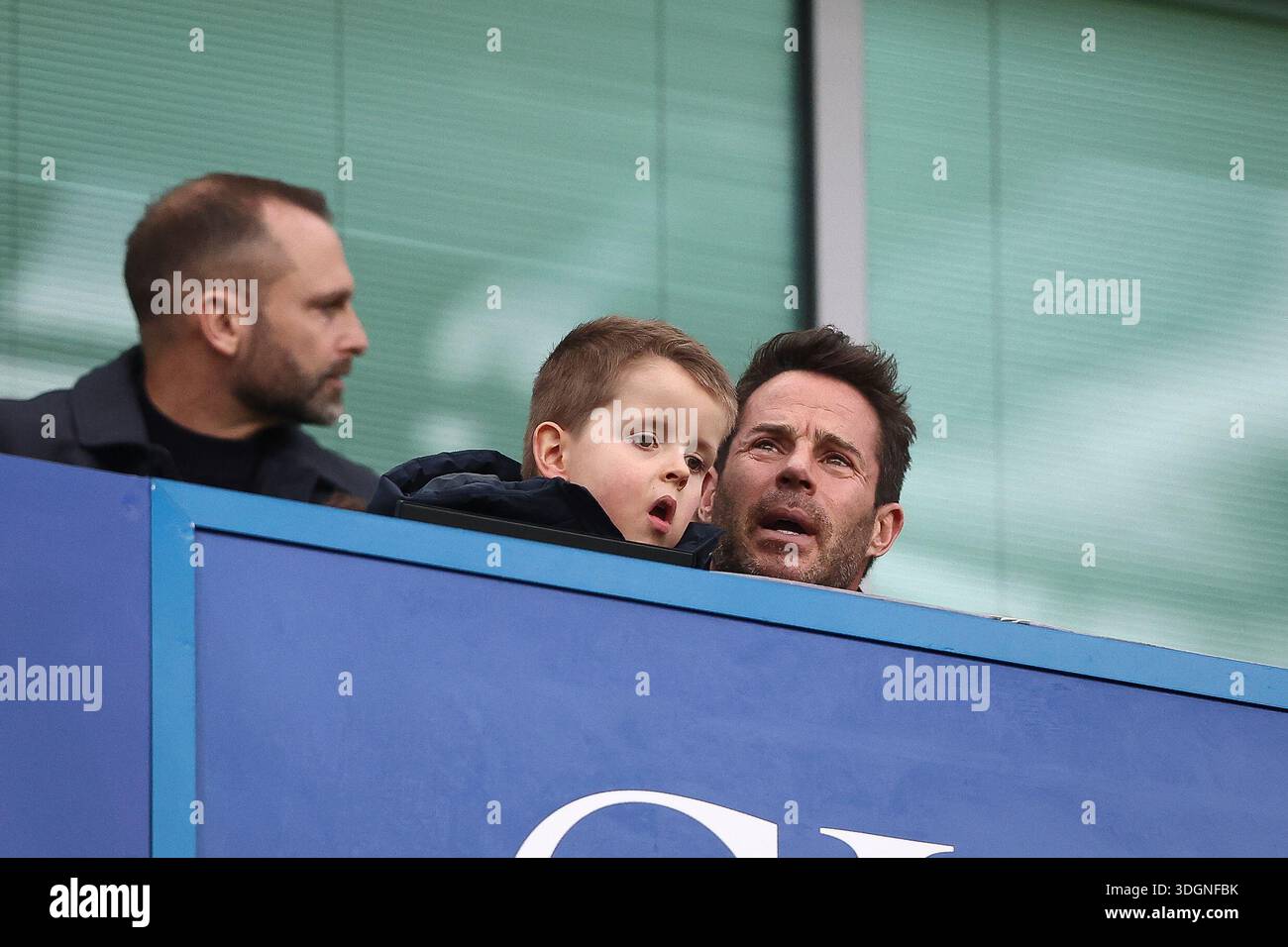 Jamie Redknapp and son sit in front of Chelsea Sporting Director Paul ...