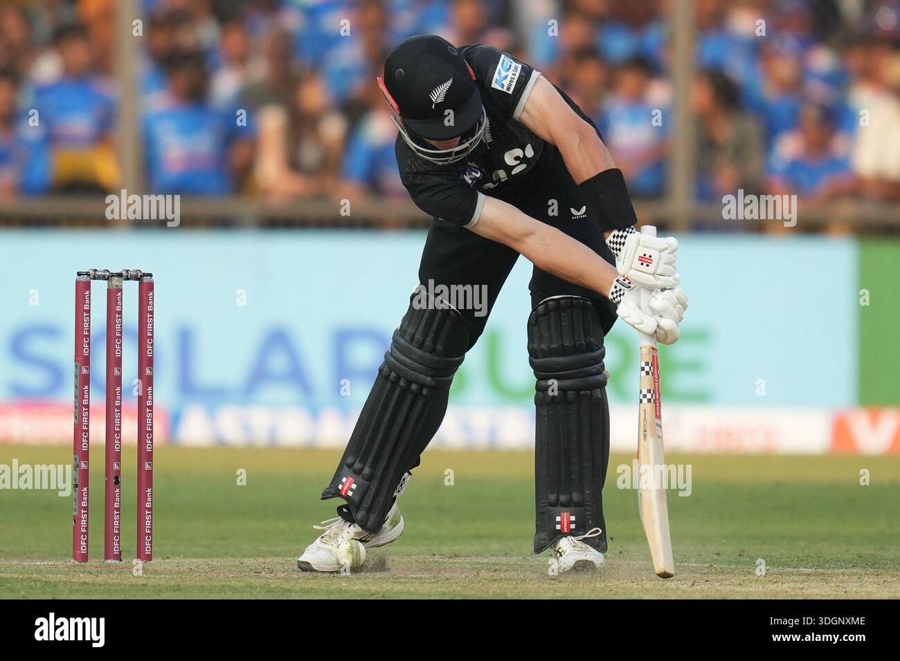 New Zealand's Mitchell Hay is dismissed lbw by India's Kuldeep Yadav ...