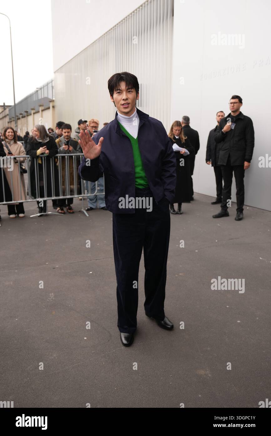 Greg Hsu arrives at the Prada Fall/Winter 2026-2027 Men's collection ...