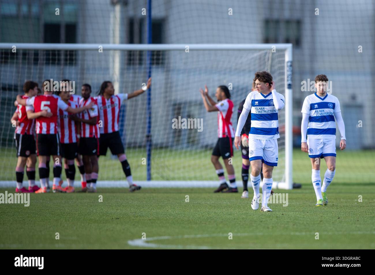 Brentford ‘B’ U21 celebrate Ollie Shield’s (#7 Brentford B) opening goal during the Premier ...